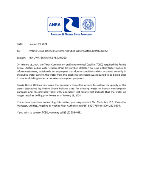 PGU Boil Water Notice Rescinded - ANRA - Angelina & Neches River Authority