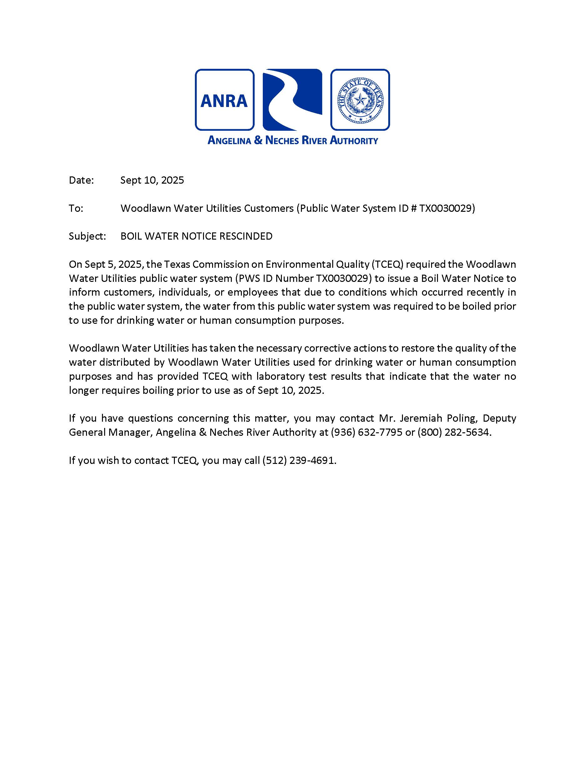 Boil Water Notice Rescinded for Woodlawn Water Utilities - ANRA ...